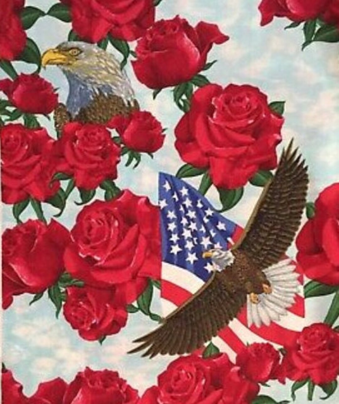 National Bird American Flag, Bald Eagle, and Red Beauty Rose Cotton ...