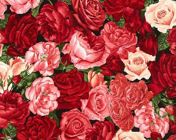 EOB ~ Timeless Treasures ~ Rose Garden Large Roses Packed on Black ...