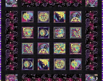 Laurel Burch Celestial Magic Purple Sun and Moon With Basics Gold Dot Black Fabric Quilt Kit ...