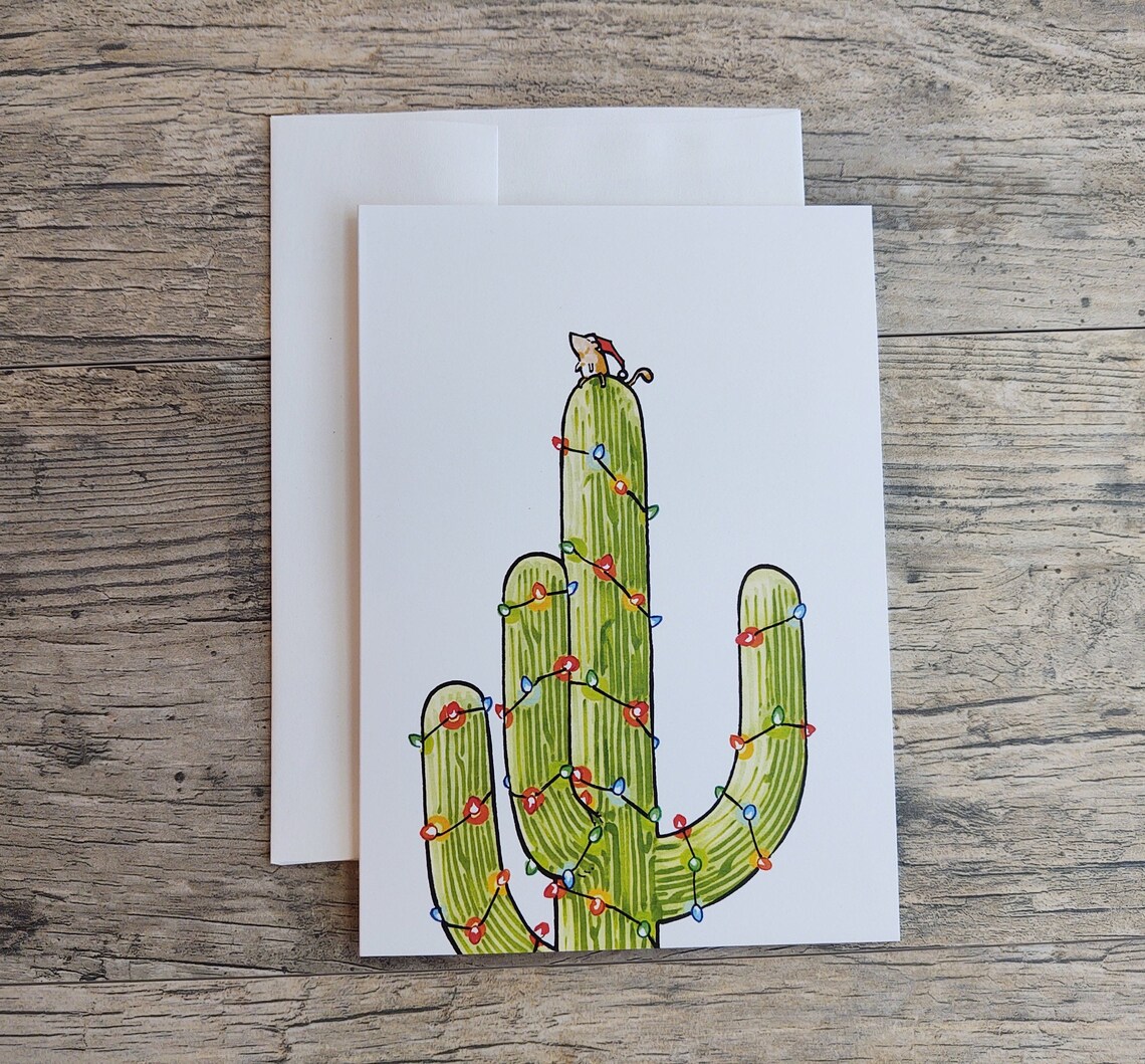 Cactus Holiday Card SAGUARO CACTUS Christmas Card Original Art Desert ...