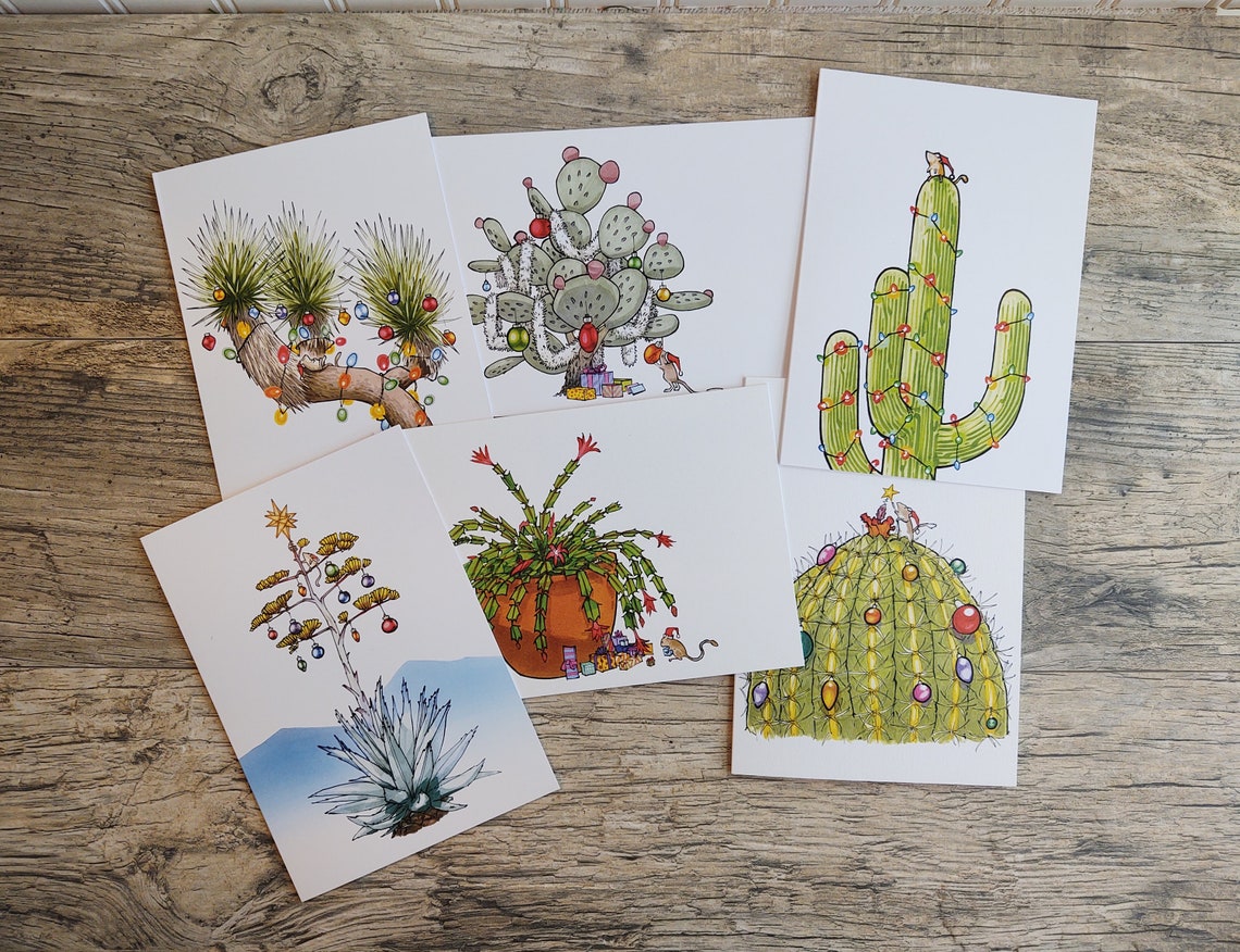 Cactus Holiday Card SAGUARO CACTUS Christmas Card Original Art Desert ...