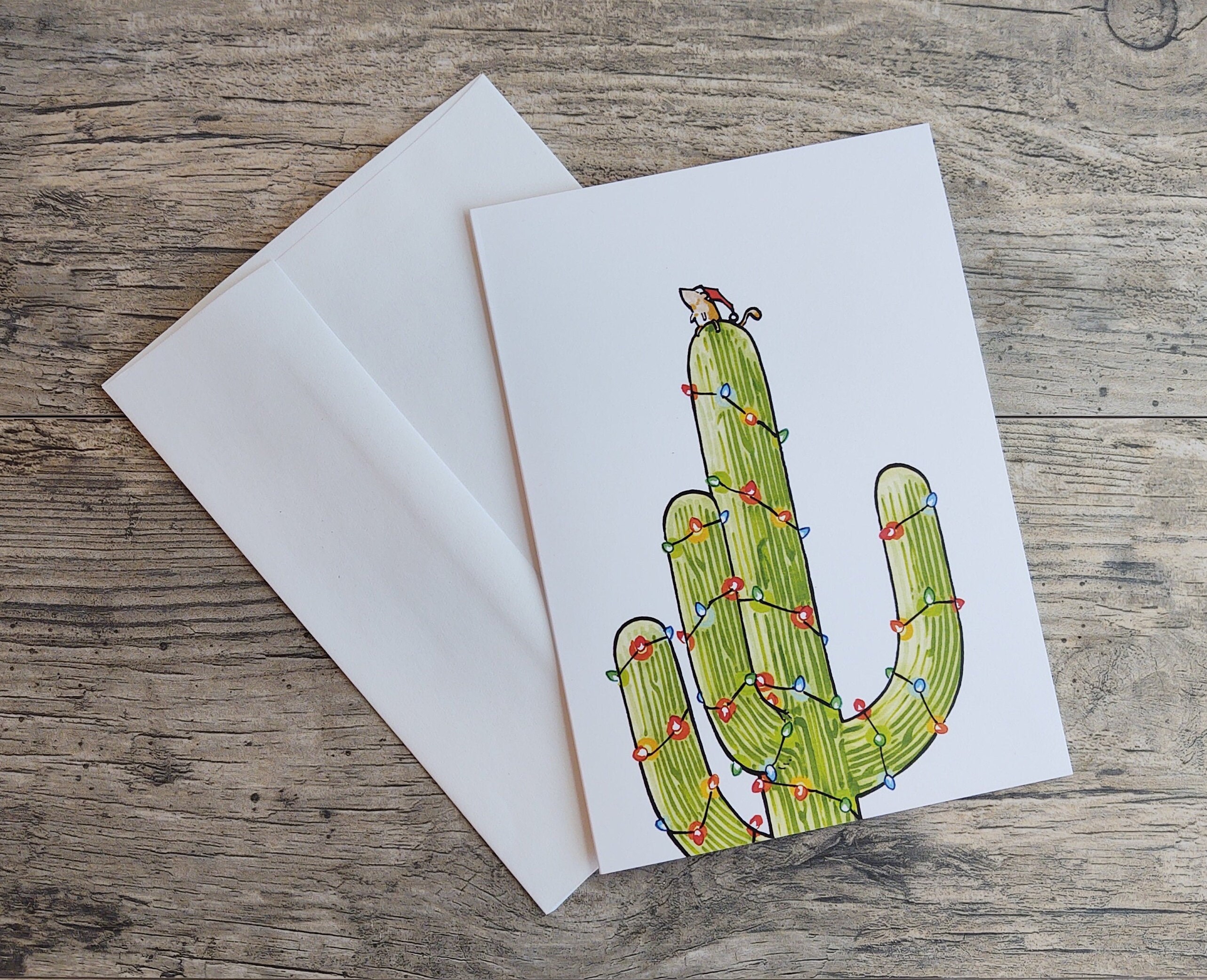 Cactus Holiday Card SAGUARO CACTUS Christmas Card Original Art Desert ...