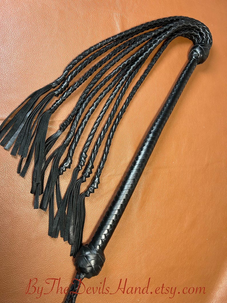 Cat of Nine Tails Long Handle Black Satin Lush Rich Color Leather 39 ...
