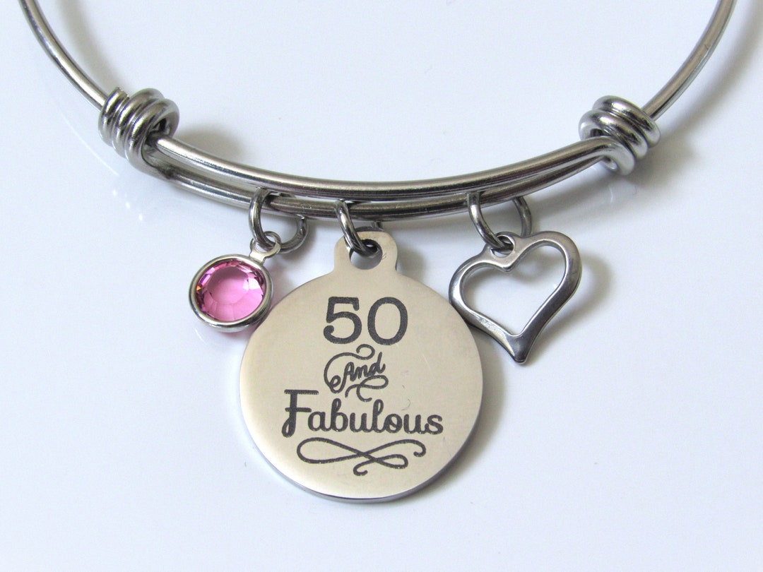 50 and Fabulous Bracelet With Heart Charm and Birthstone, Birthday Gift ...