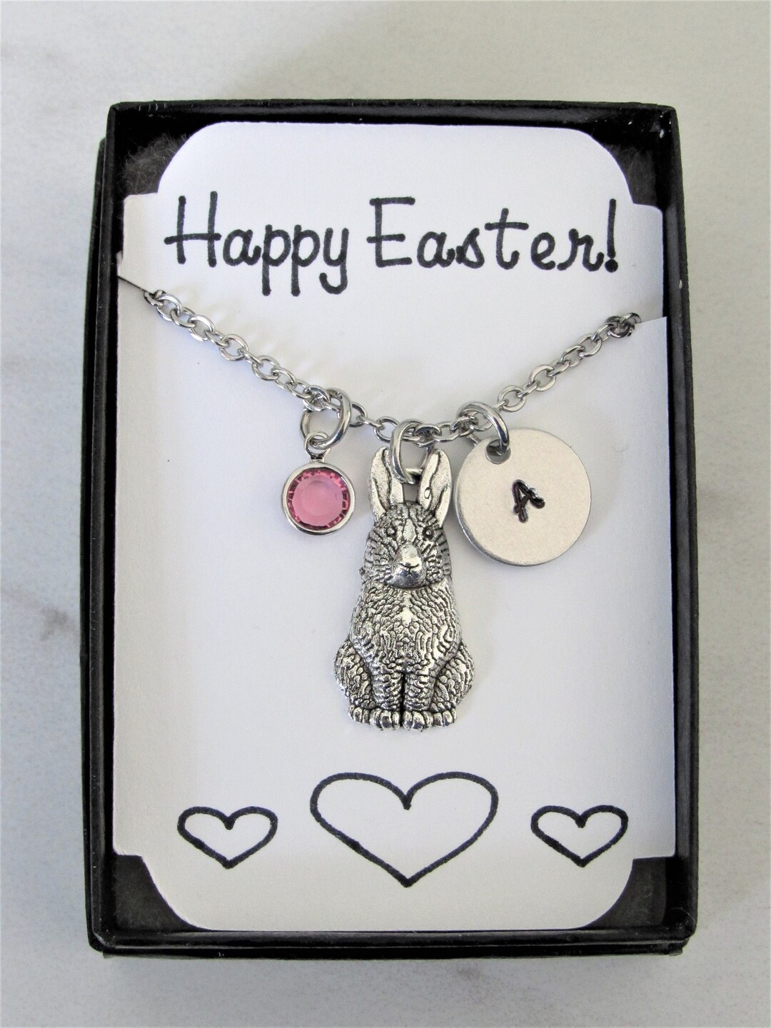 Easter Bunny Necklace With Initial Personalized Disk & Birthstone Bead ...