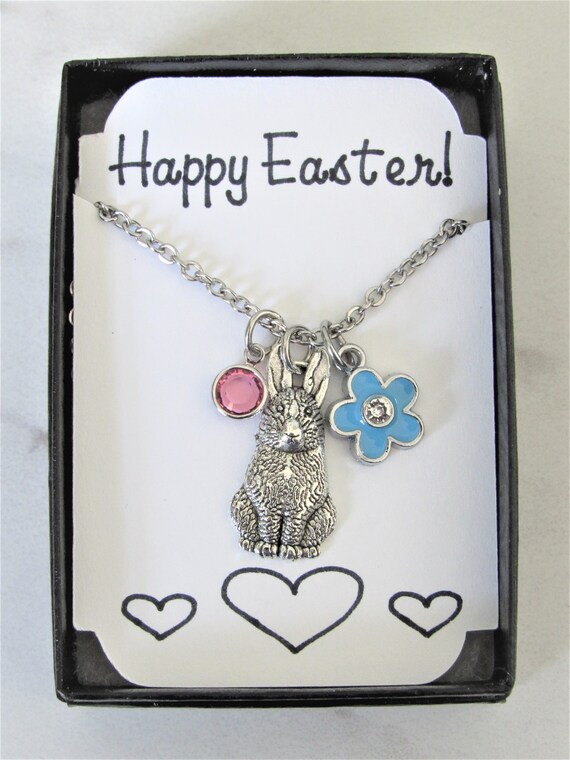 Easter Bunny Necklace With Enamel Flower Charm & Swarovski - Etsy