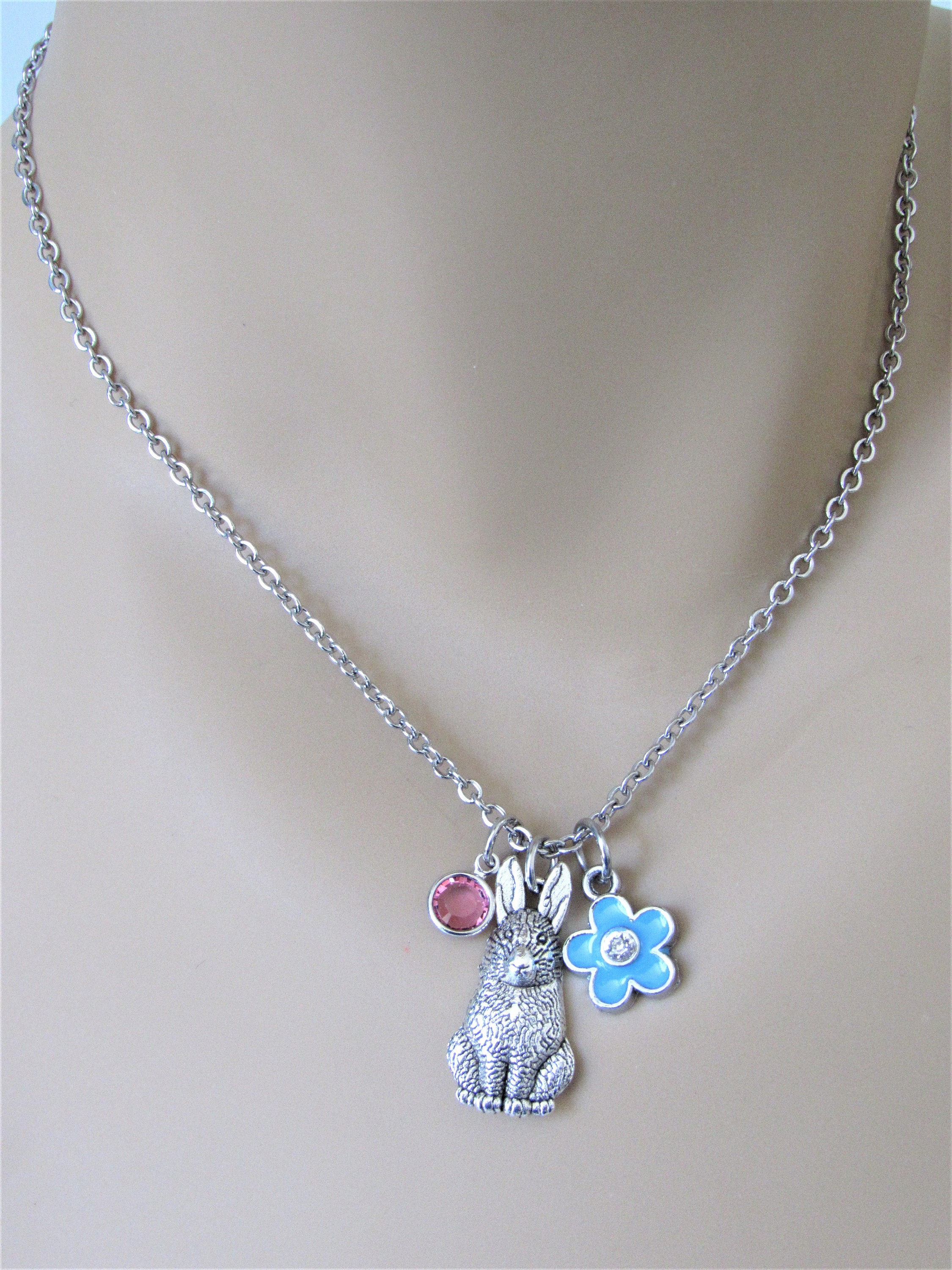 Easter Bunny Necklace with Enamel Flower Charm & Swarovski | Etsy