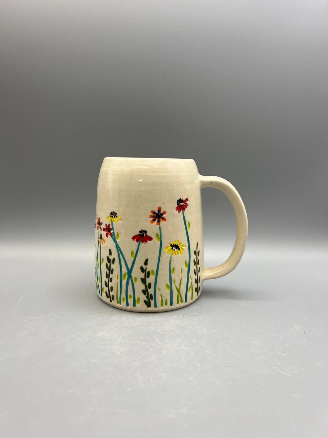 20oz Wheel Thrown, Handmade Mug With Wild Flowers - Etsy