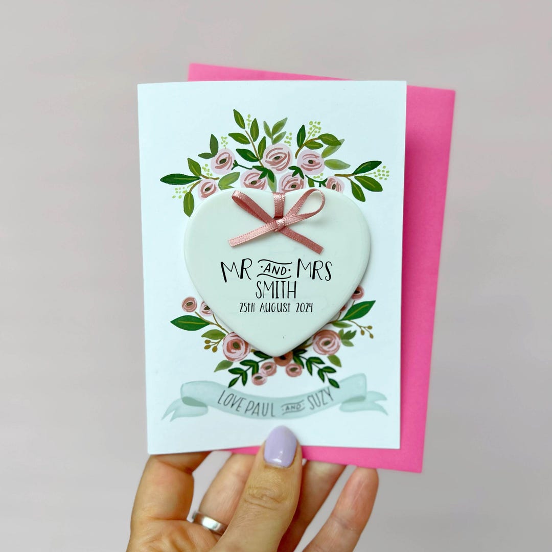 Luxury Rose Bud Wedding Card With Heart Ceramic Keepsake - Floral ...
