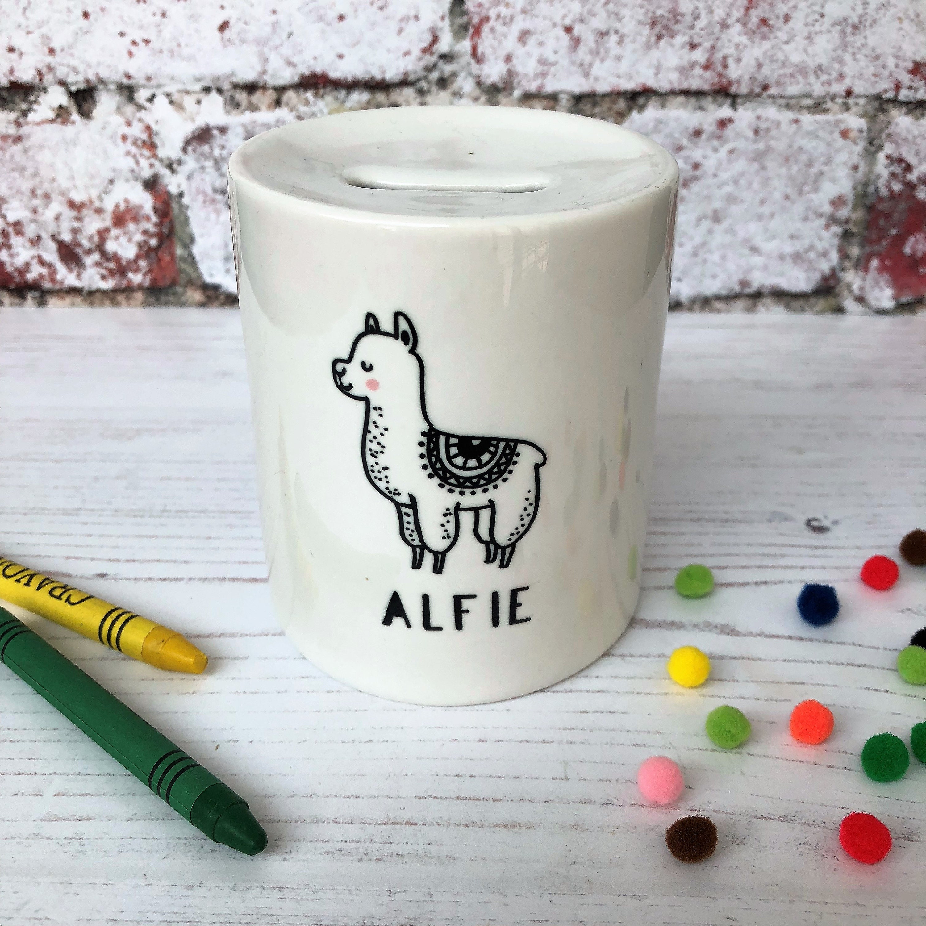 Personalised Money Box - Alpaca Money Box - Monochrome - Baby Gift ...