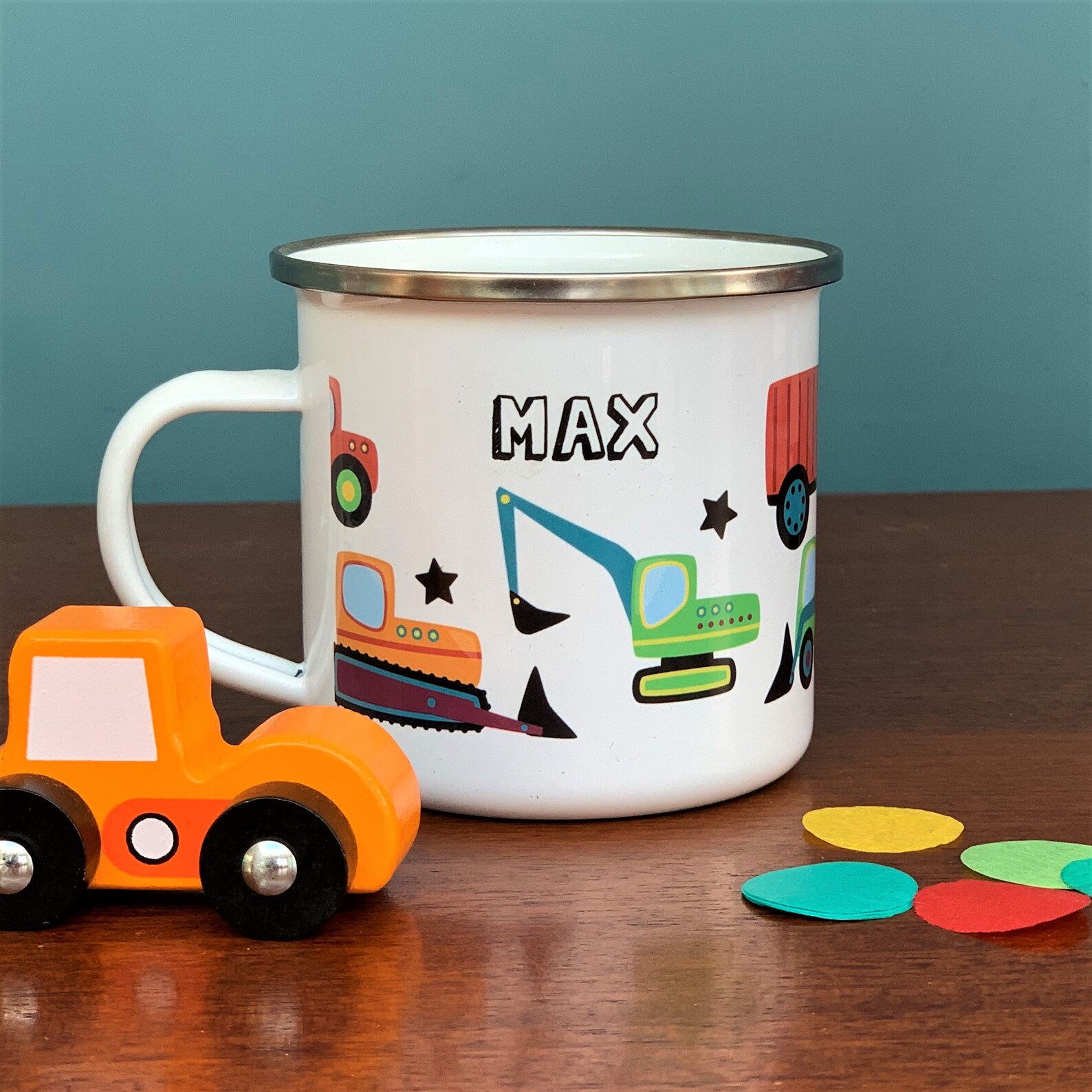 Digger and Truck Enamel Mug - Personalised Kids Mug - Diggermug - Hot ...