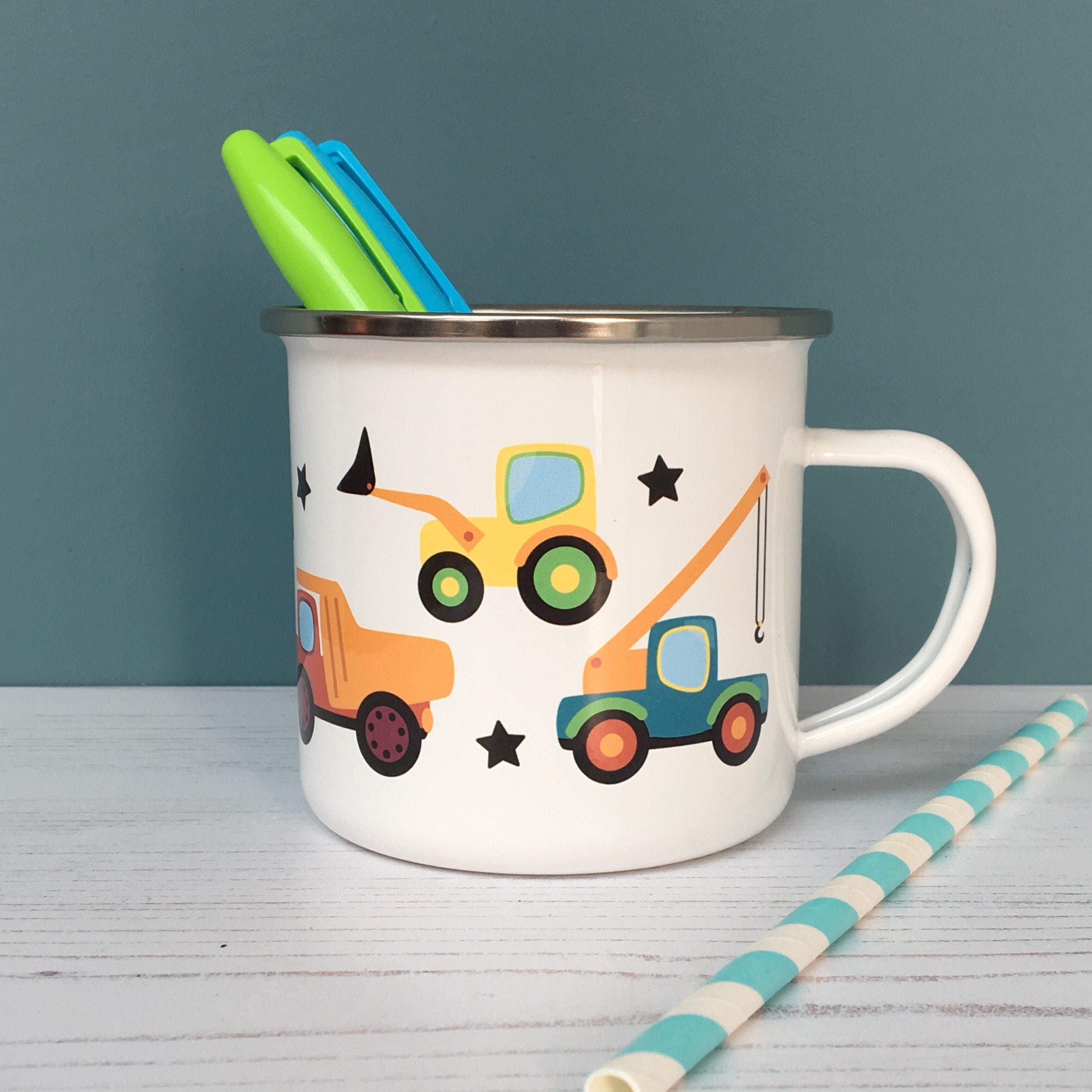 Digger and Truck Enamel Mug Personalised Kids Mug - Etsy