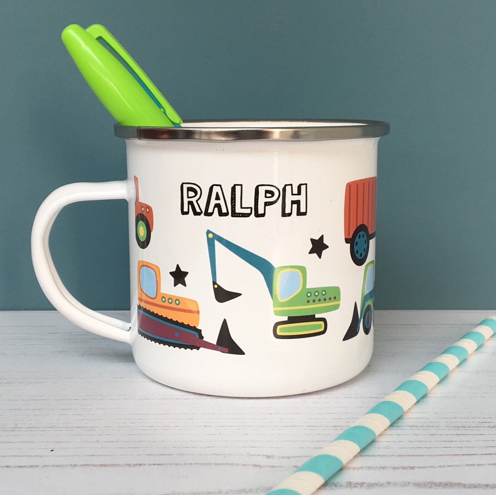 Digger and Truck Enamel Mug - Personalised Kids Mug - Diggermug - Hot ...