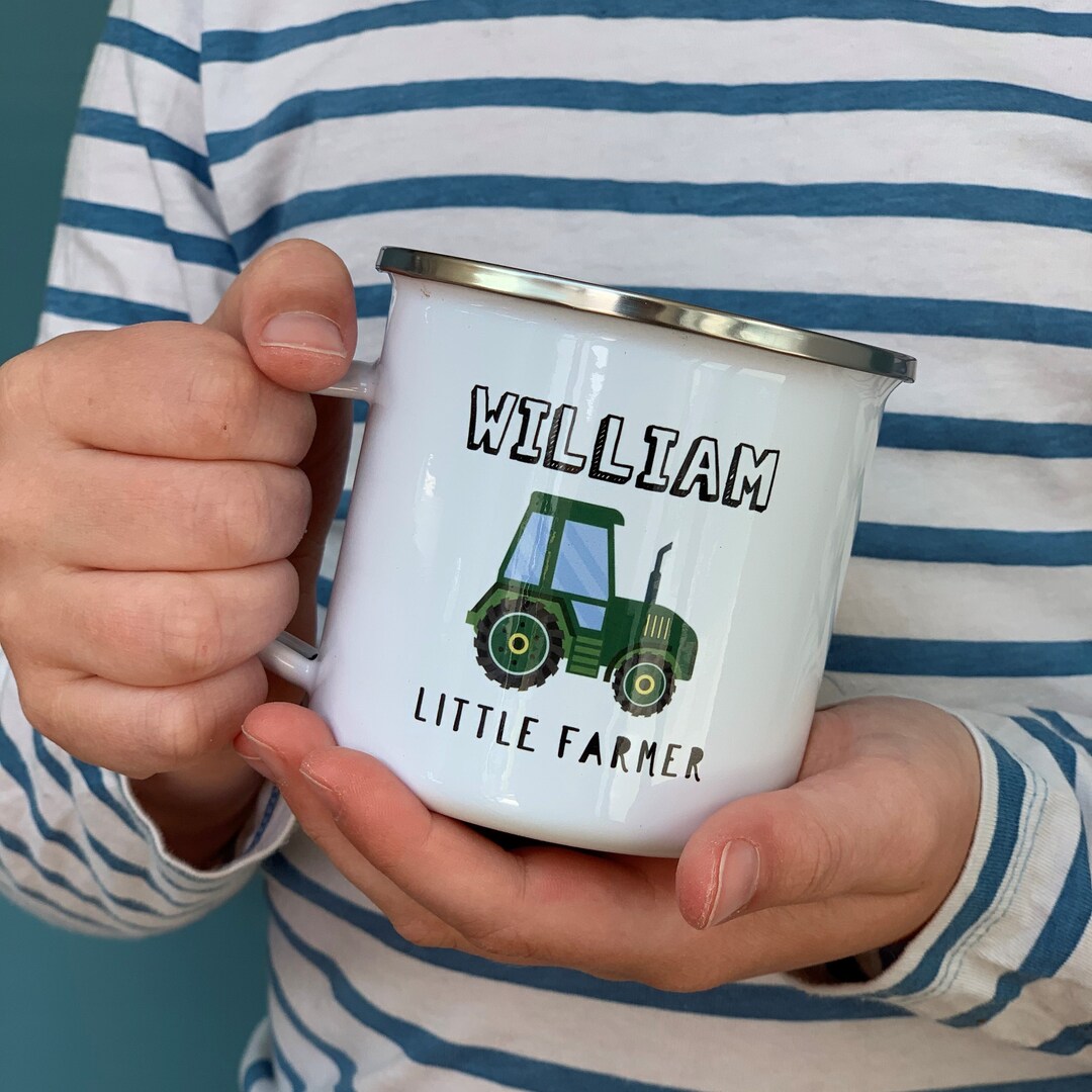 Tractor Enamel Mug - Little Farmer Tractor Cup - Cute Personalised Mug ...