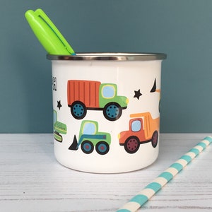 Digger and Truck Enamel Mug - Personalised Kids Mug - Diggermug - Hot ...