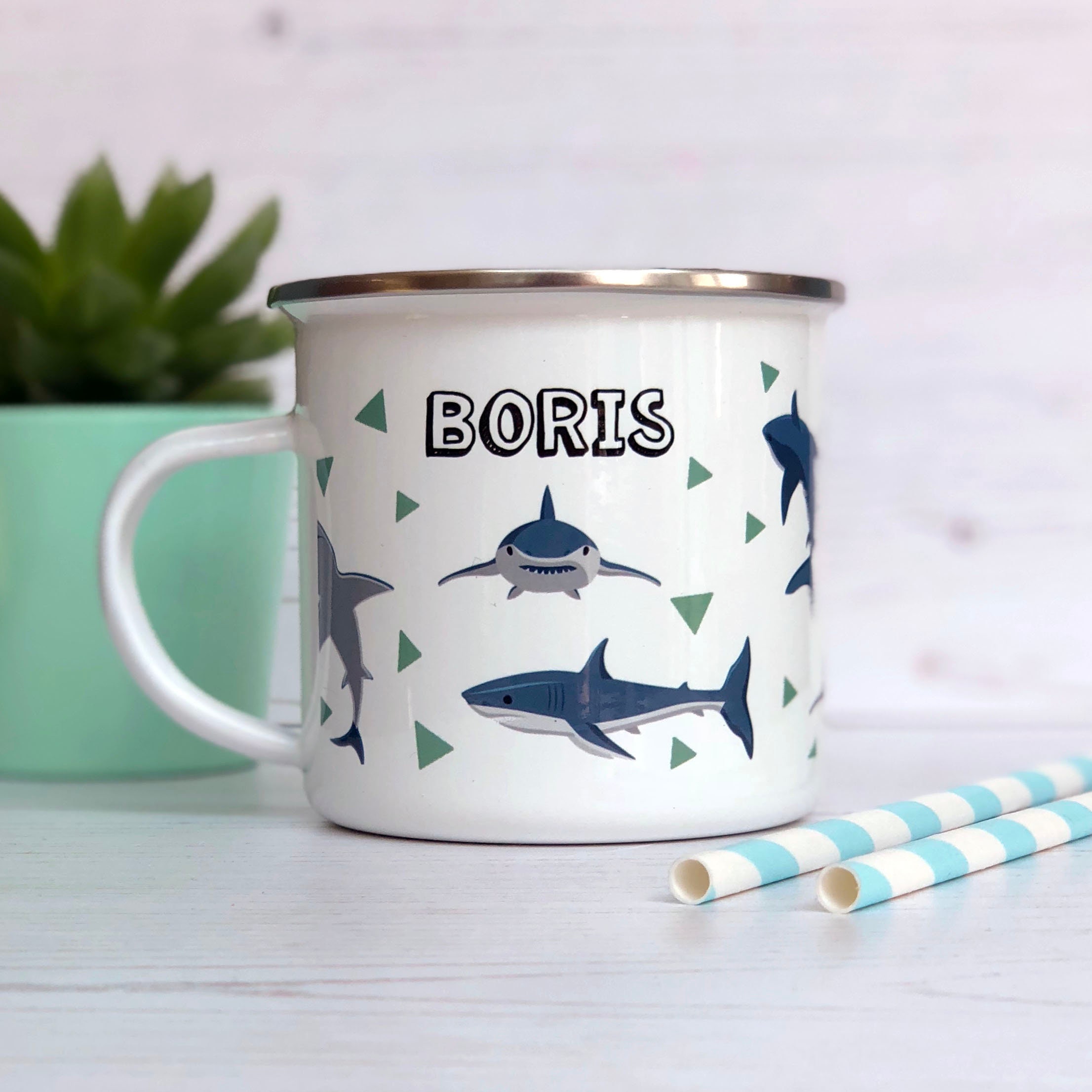 Shark Enamel Mug - Personalised Enamel Shark Cup - Custom Mug - Gift ...