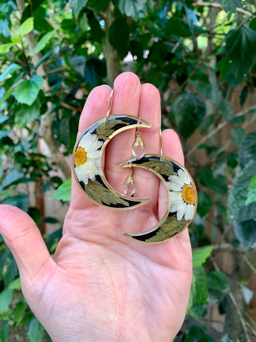 Big Crescent Moons//brass Earrings//statement Earrings//pressed Flowers ...