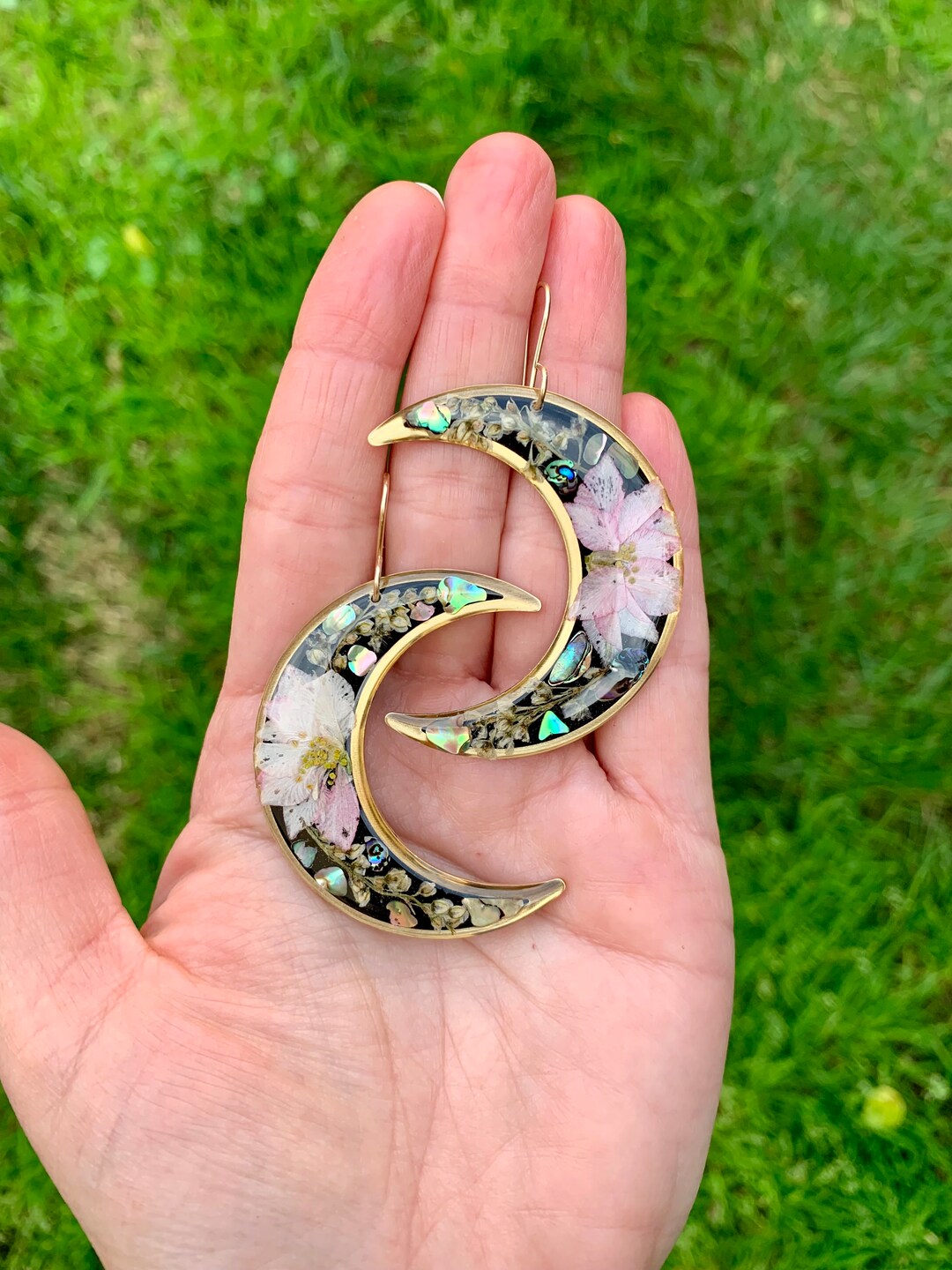 Big Crescent Moons//brass Earrings//statement Earrings//pressed Flowers ...