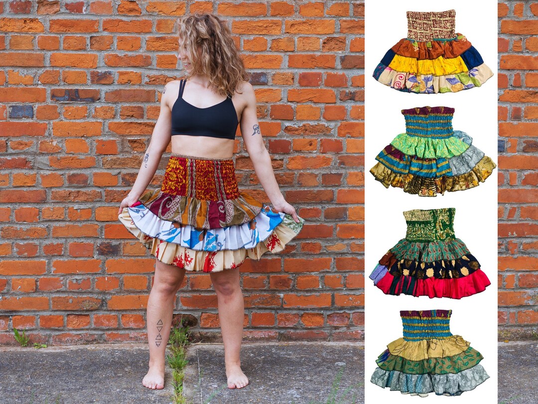 SARI SILK Rara SKIRT - Free Size Rah Rah Festival Party Summer Layered ...