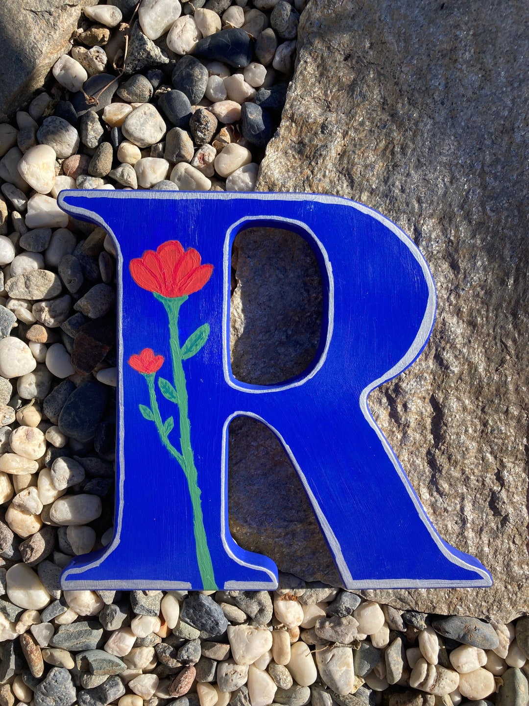 Letter R Wall Hanging ~hand Painted Wood~ Dark Blue and A Rose Initials ...