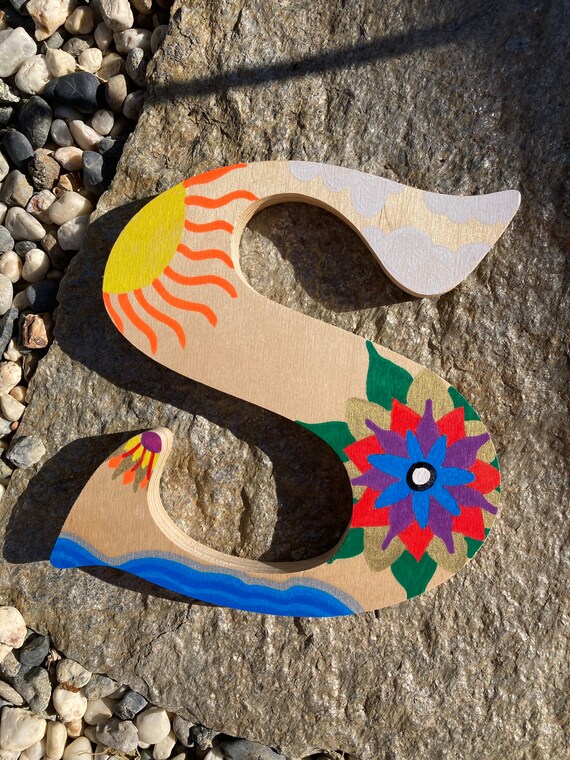 Letter S Wooden Hand Painted Letter ocean Scene Floral - Etsy