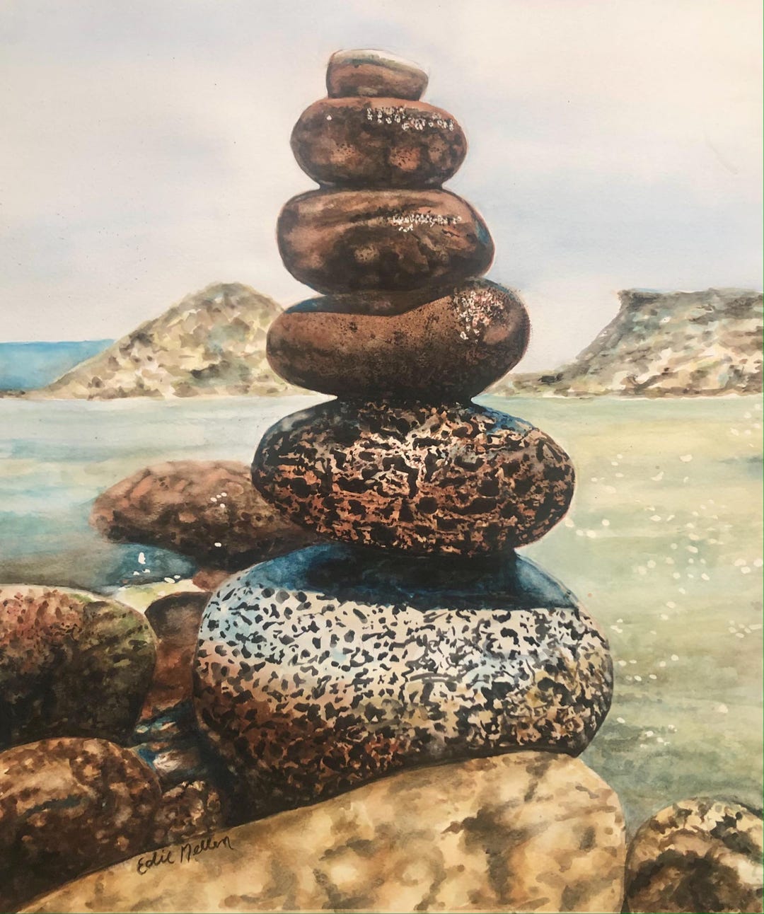 Balancing My Emotions Watercolor Landscape Rocks Lake 20x17 Unframed - Etsy