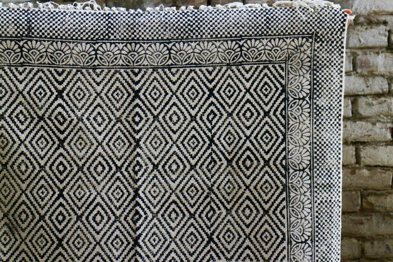 Handwoven Handmade Block-printed Black and White Cotton Rug 3 - Etsy