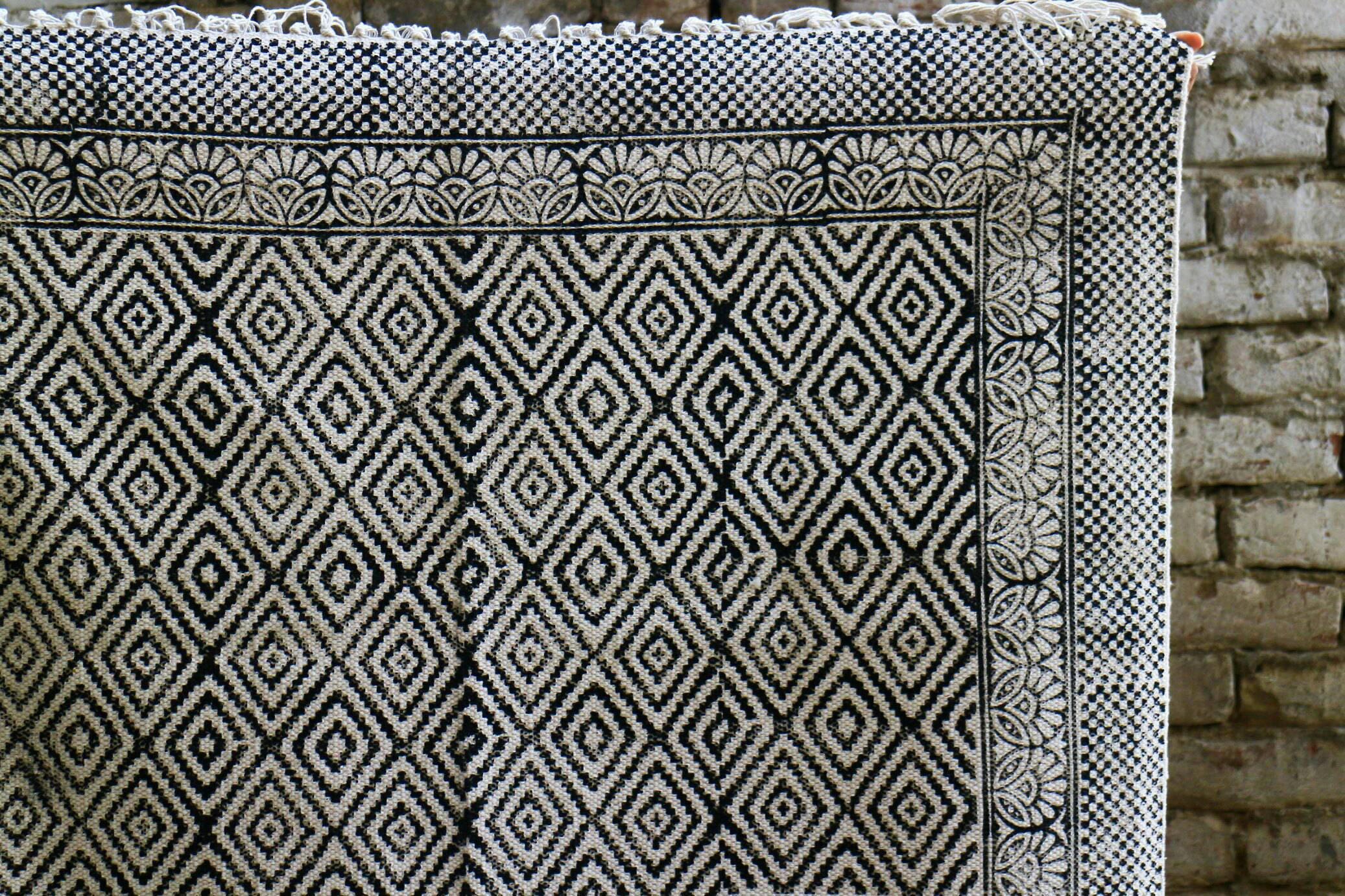Handwoven Handmade Block-printed Black and White Cotton Rug 3 - Etsy