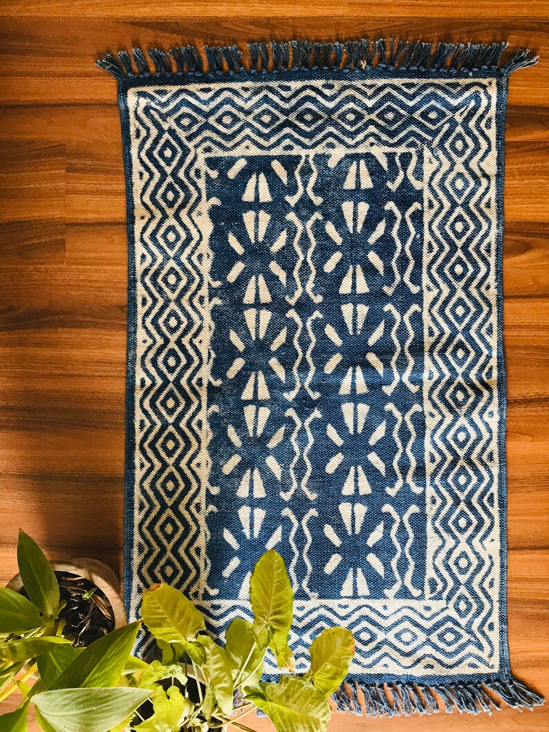 5 X 8 Handmade Cotton Indigo Rug Dhurrie Hand Block Printed | Etsy