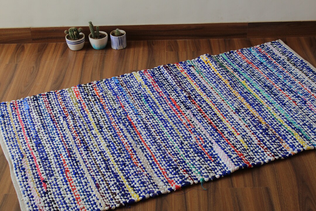 Rag Rug, Handmade,blue/white, Reversible Chindi Dhurrie, Dhurrie Rug ...