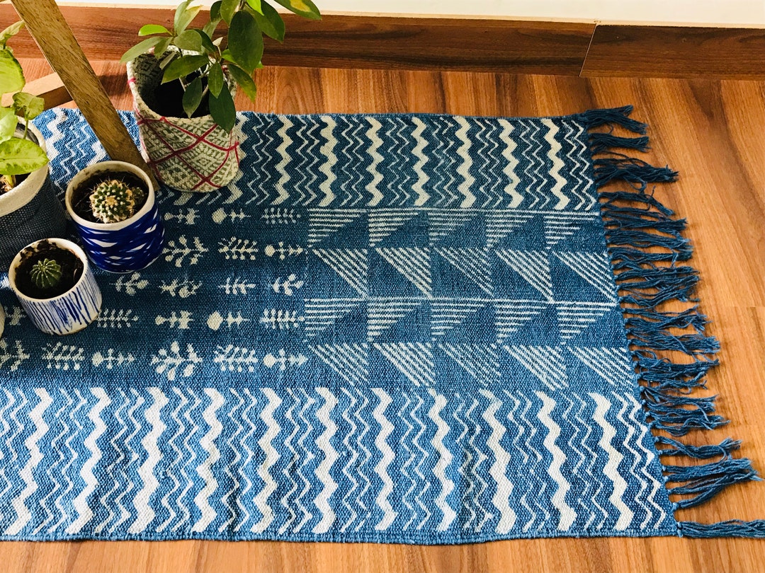 2 X 6handmade Cotton Indigo 2 X 6 Rug Dhurrie Hand Block Printed Rug ...