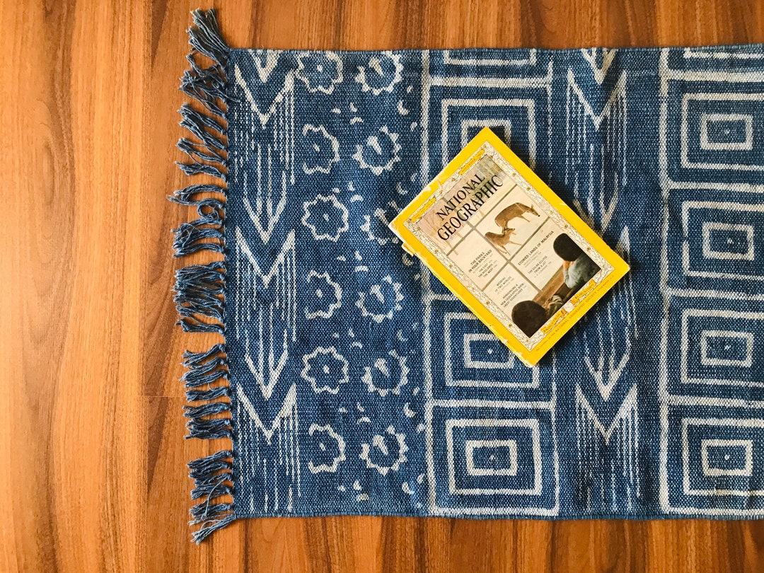 2 X 3 Handmade Cotton Indigo Rug Dhurrie Hand Block Printed Rug Blue ...