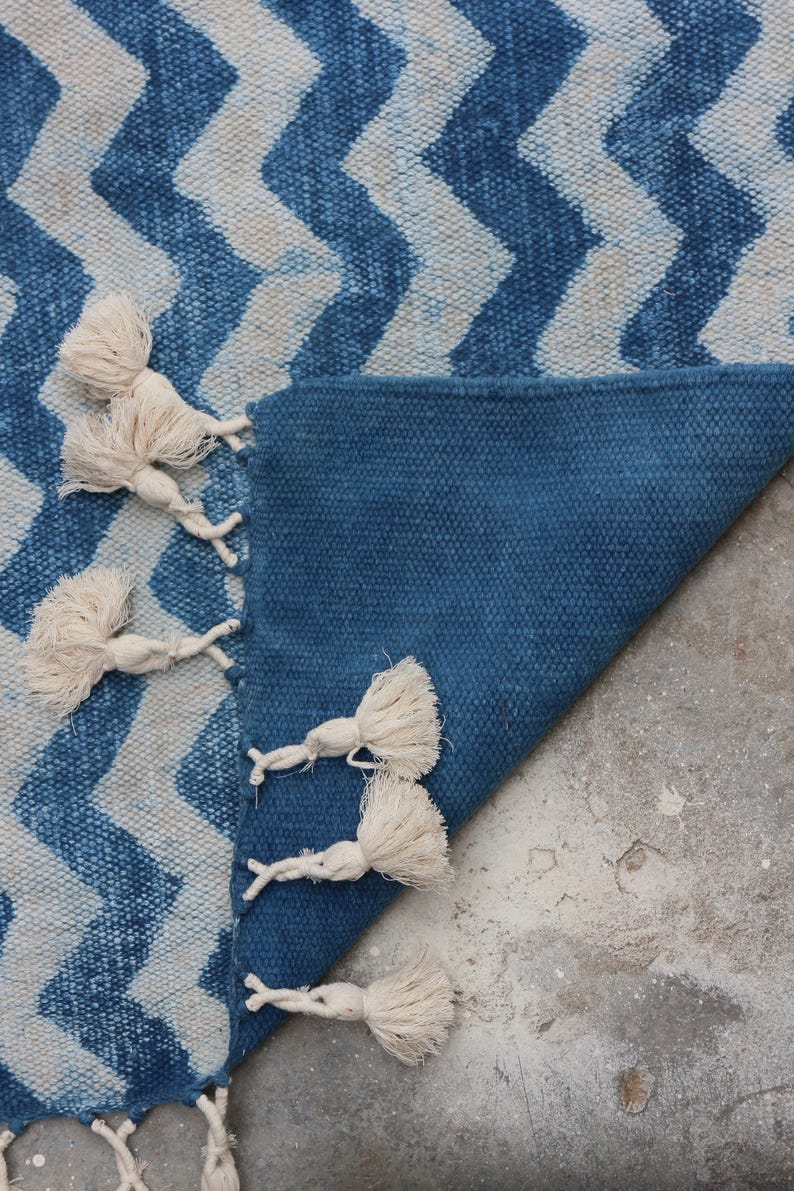 2 X 3 Handmade Hand-dyed Indigo Rug White Tassles Pom-poms - Etsy