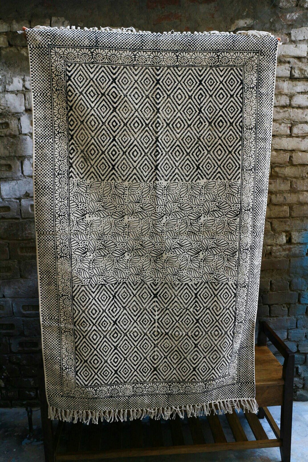Handwoven Handmade Block-printed Black and White Cotton Rug, 3 X 5 Ft ...