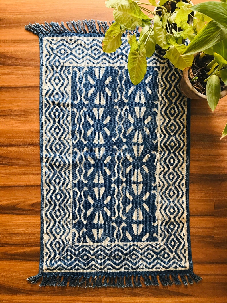 5 X 8 Handmade Cotton Indigo Rug Dhurrie Hand Block Printed | Etsy