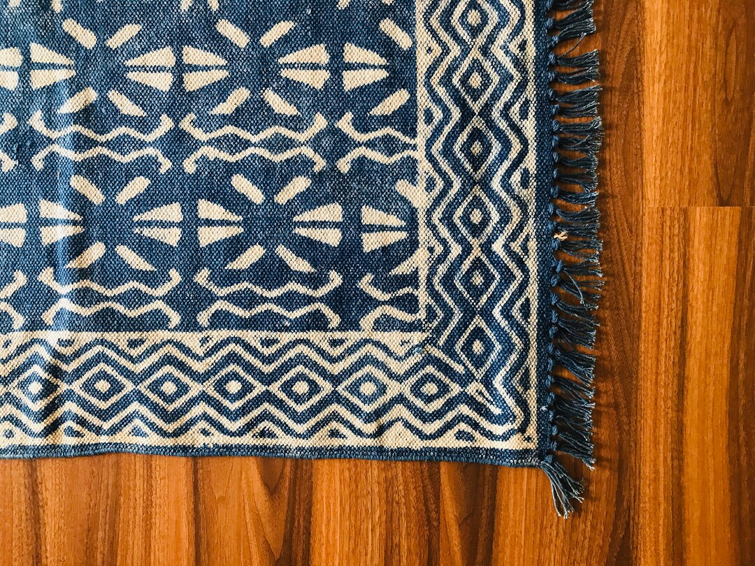 2 X 3 Handmade Cotton Indigo 2 X 3 Rug Dhurrie Hand Block Printed Rug ...