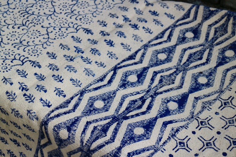 Handwoven Handmade Block-printed Blue and White Cotton Rug 3 - Etsy