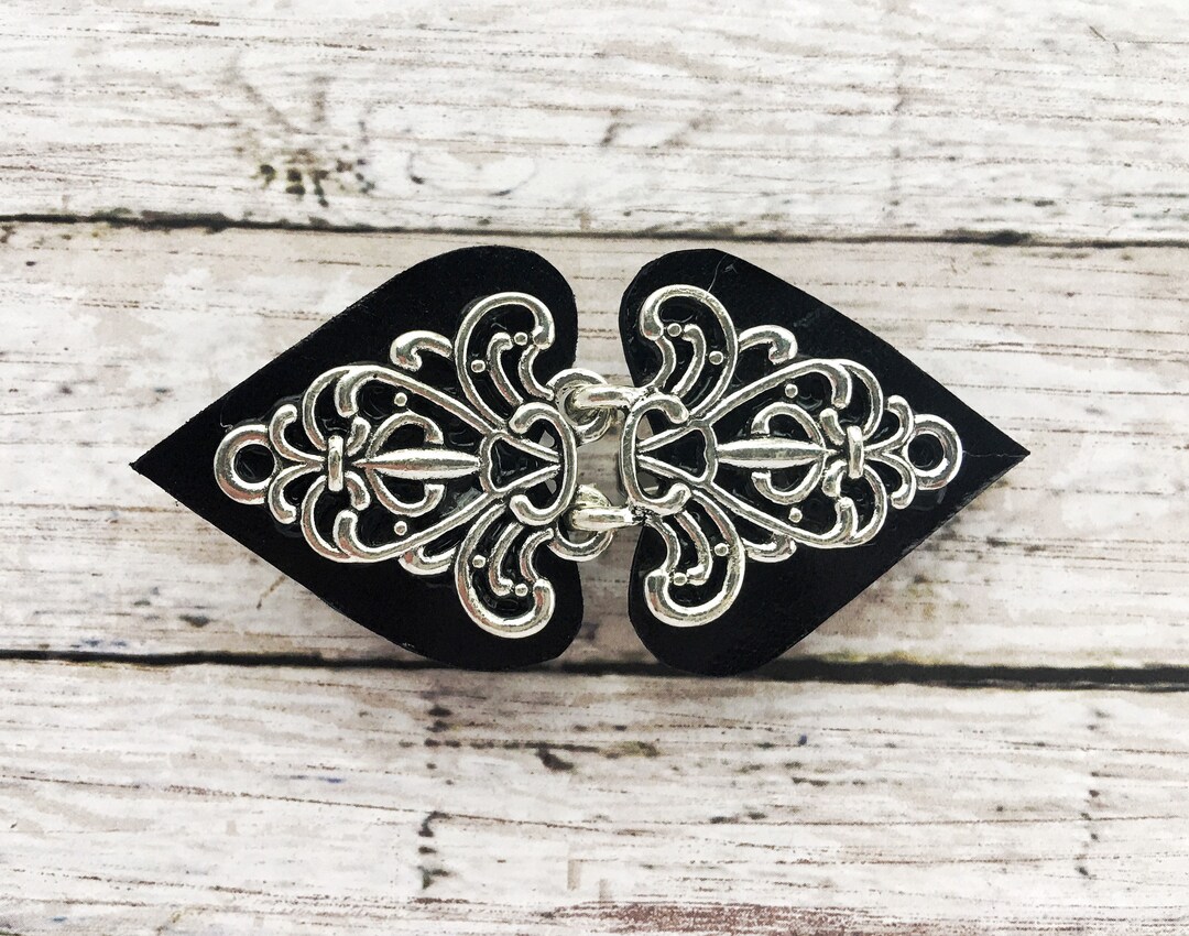 Silver Cloak Clasp | Sweater Clips | Antique Silver on Genuine Black ...