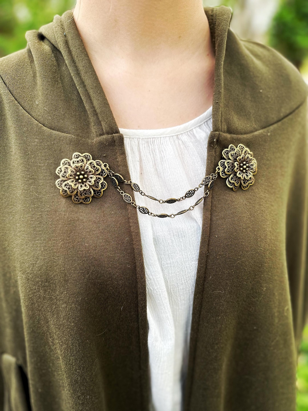 Bronze Flowers Cloak Clasp With Chains | Renaissance Fair Costume ...