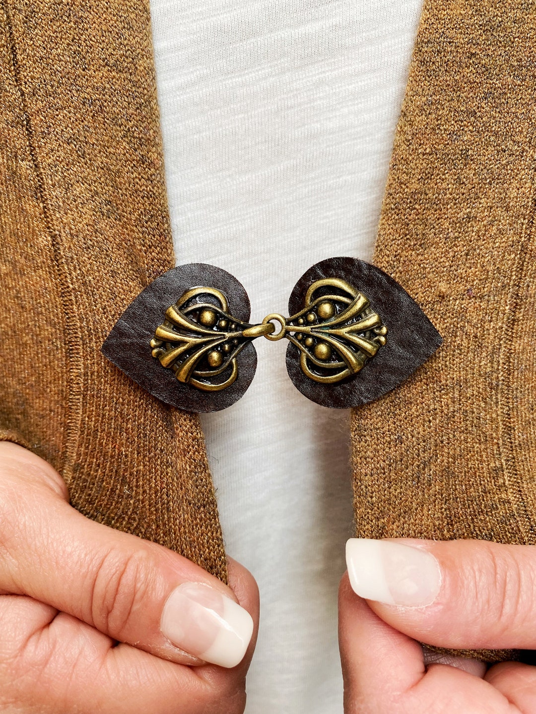 Cinch Clip | Cloak Clasp | Bronze & Dark Brown Leather Dress Clips ...