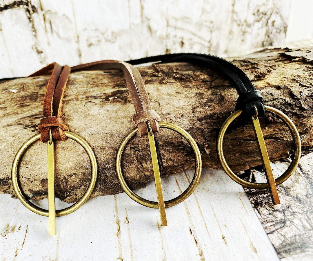NEW Bronze O-ring + Center Bar on Black, Brown Leather Necklace | Boho ...