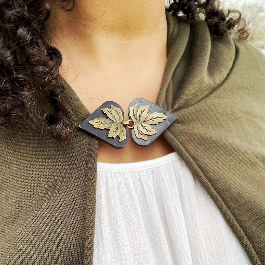 Cloak Clasp | Bronze Metal Leaf on Dk Brown Leather Cinch Clip for ...