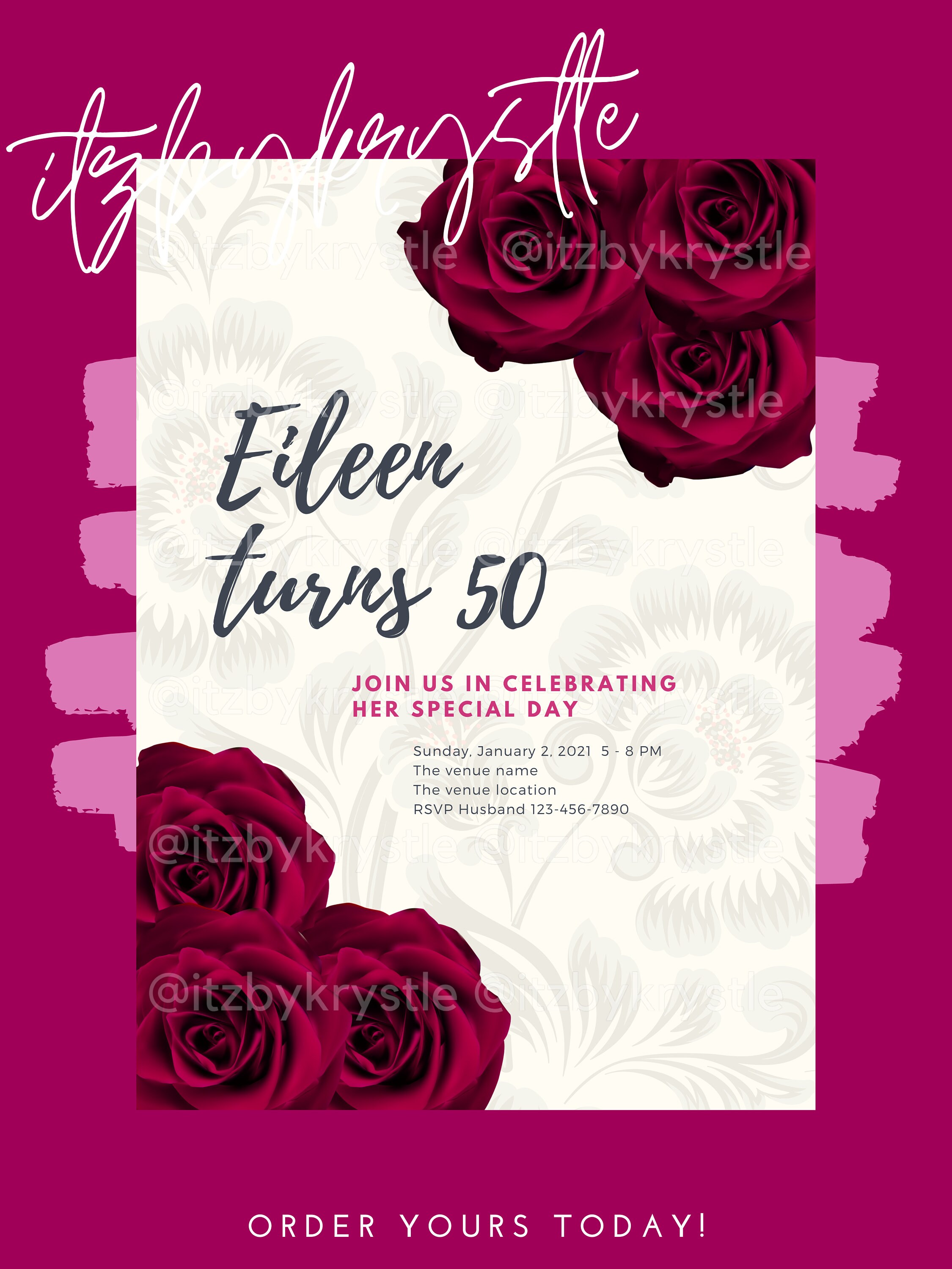 Rose Birthday Invitation Digital Download 5x7 - Etsy