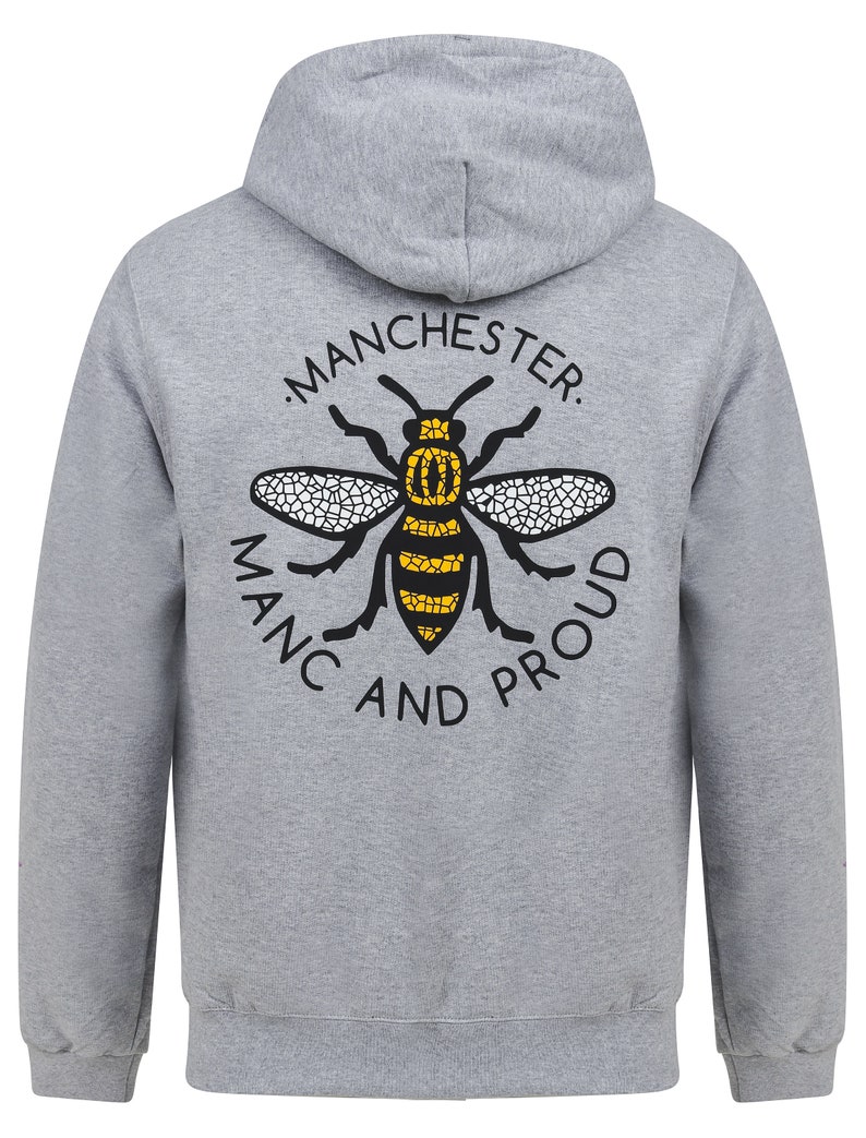 Manc and Proud Manchester Bee Grey Hoodie - Front and Back Design ...