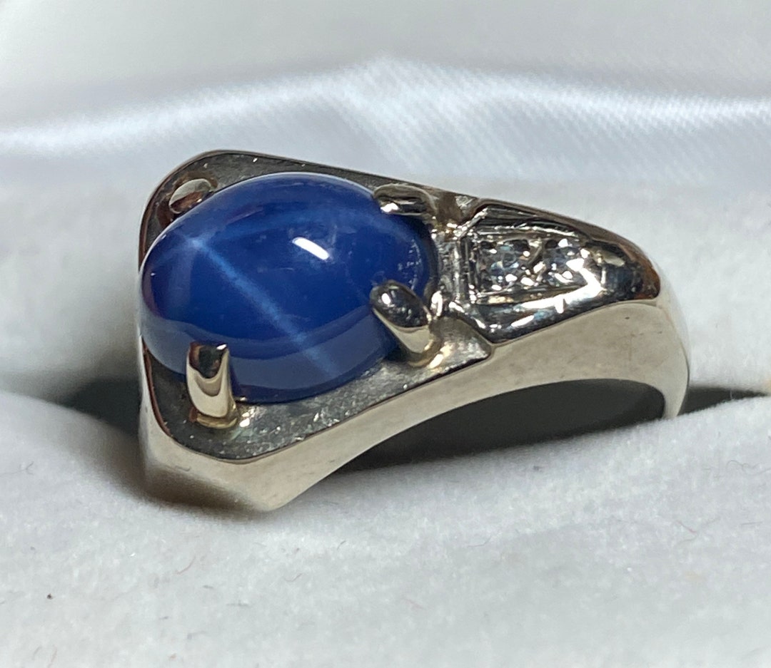 14K White Gold Blue Linde Star Sapphire With Diamond Accentssize 7 1/2 ...