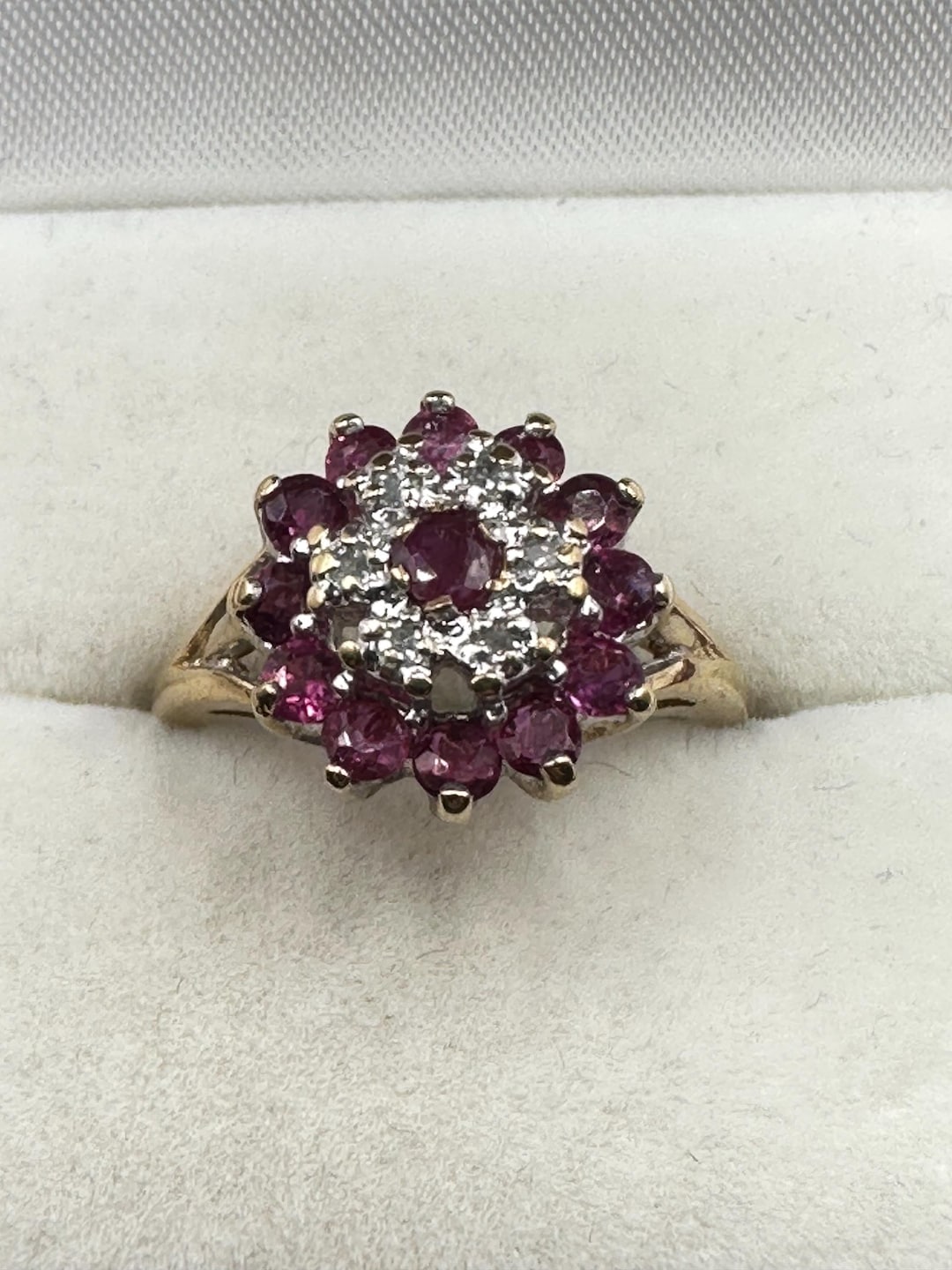 Vintage 10KP Yellow Gold Ruby and Diamond Tiered Cluster Ring~size 6 3/ ...