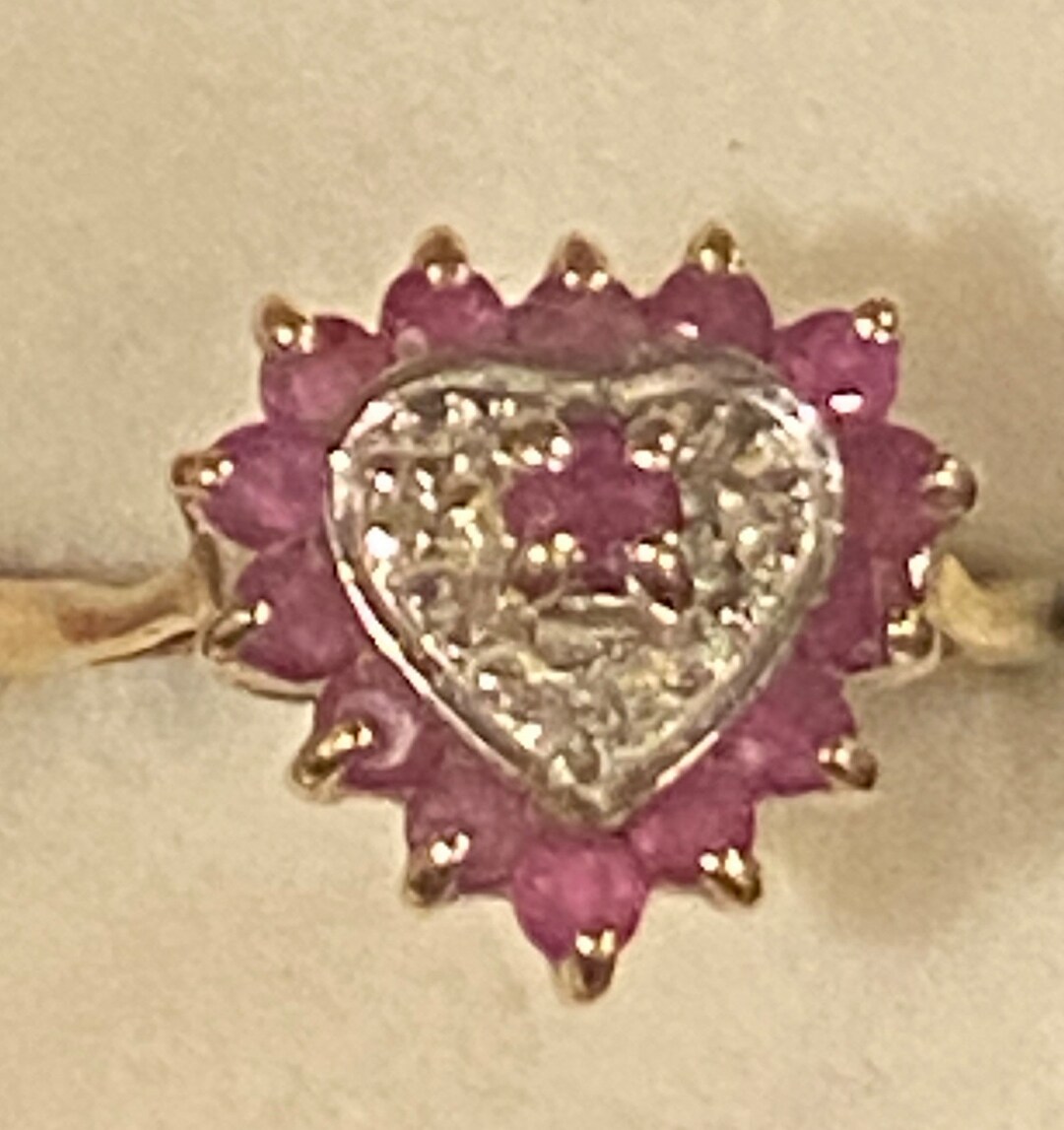 Vintage 10K Yellow Gold Ruby and Diamond Heart Ringsize 5 1/2 - Etsy