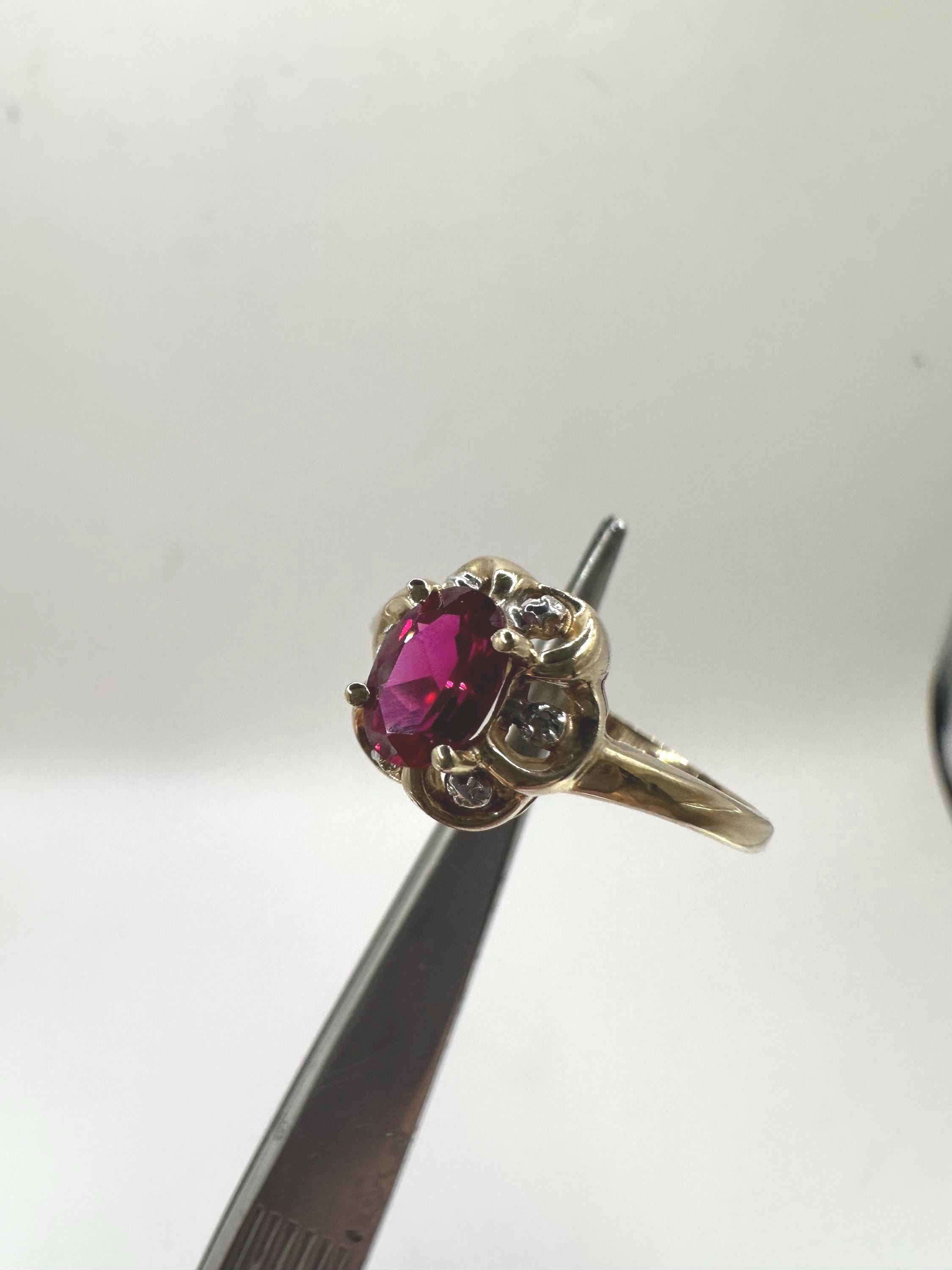 Vintage 10K Yellow Gold Synthetic Pinkish Ruby Ring With Accent ...