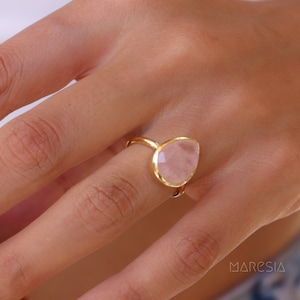 Rose Quartz Tear Drop Ring ~ Gemstone ~ Natural ~ 18k Gold Plated ...