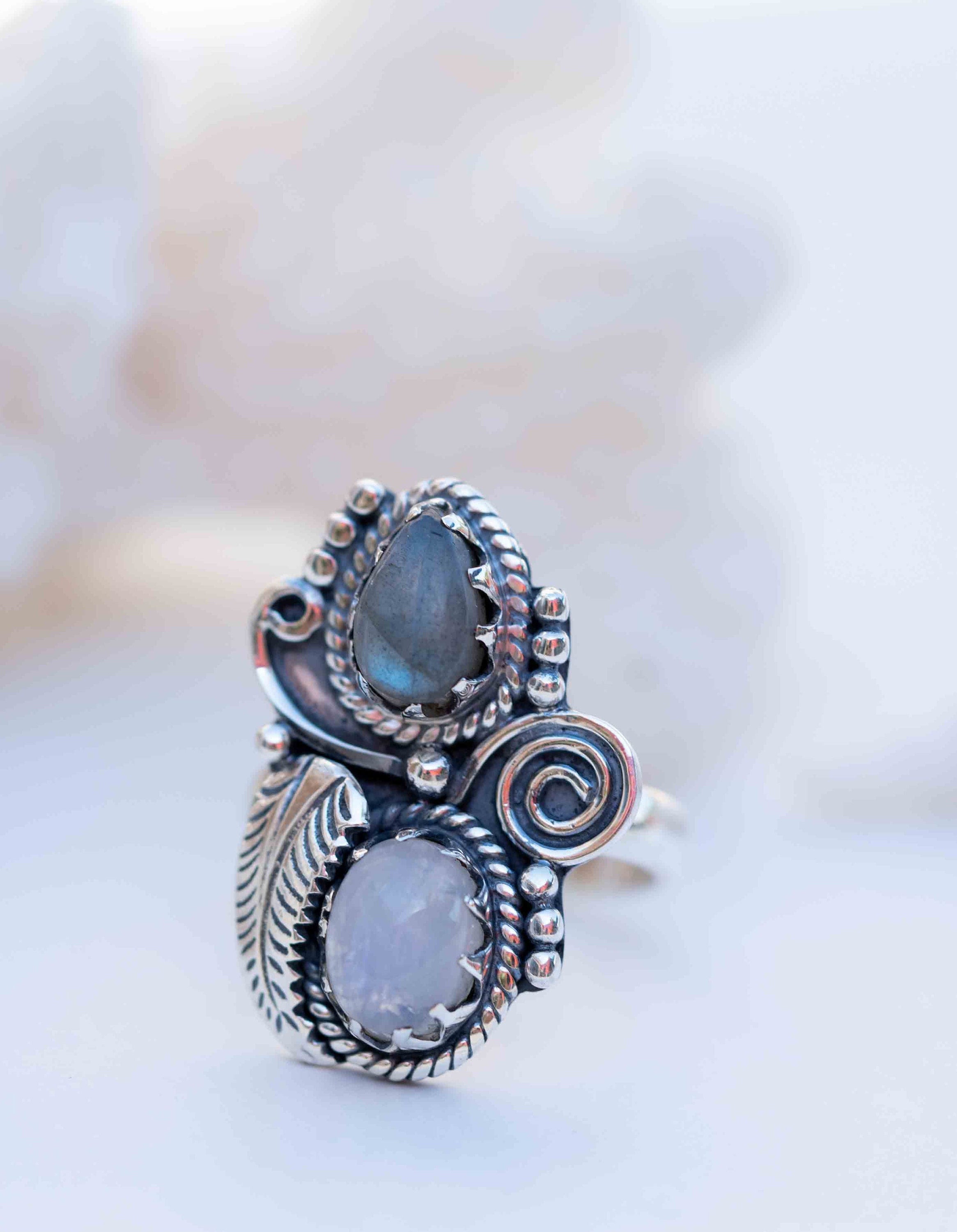 Rainbow Labradorite and Moonstone Ring Large ~gemstone ~ Sterling ...